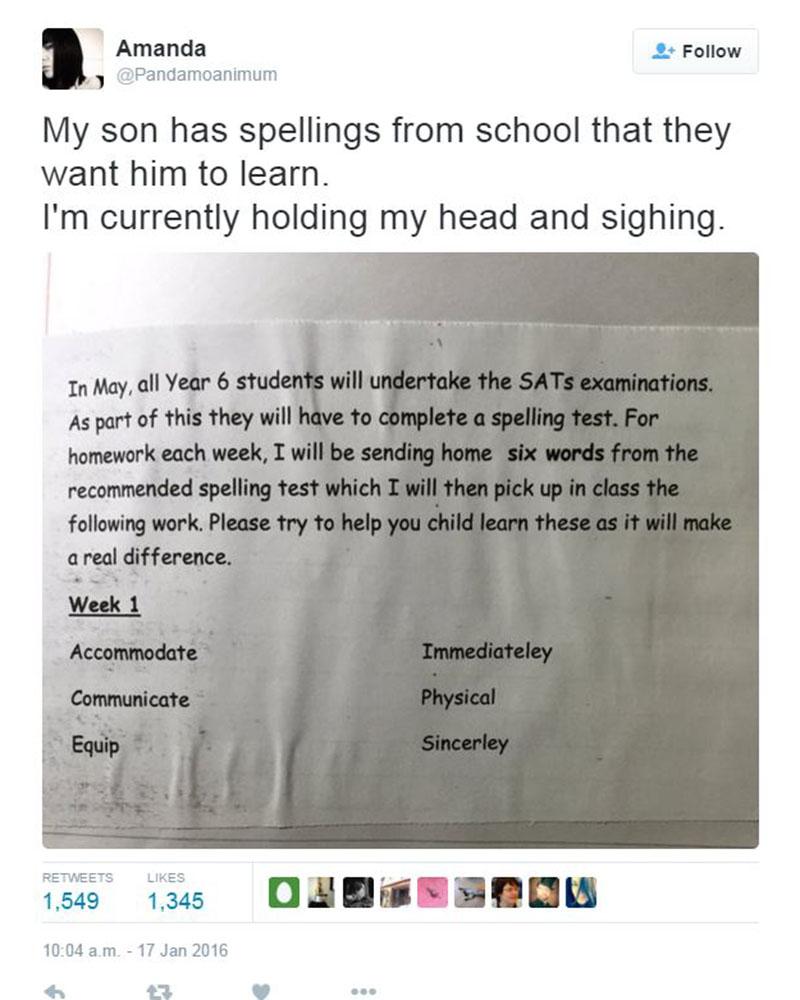 Mistake in school spelling homework goes viral